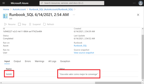 Adiciona parámetros en tareas automáticas de Azure SQL - DATOPTIM